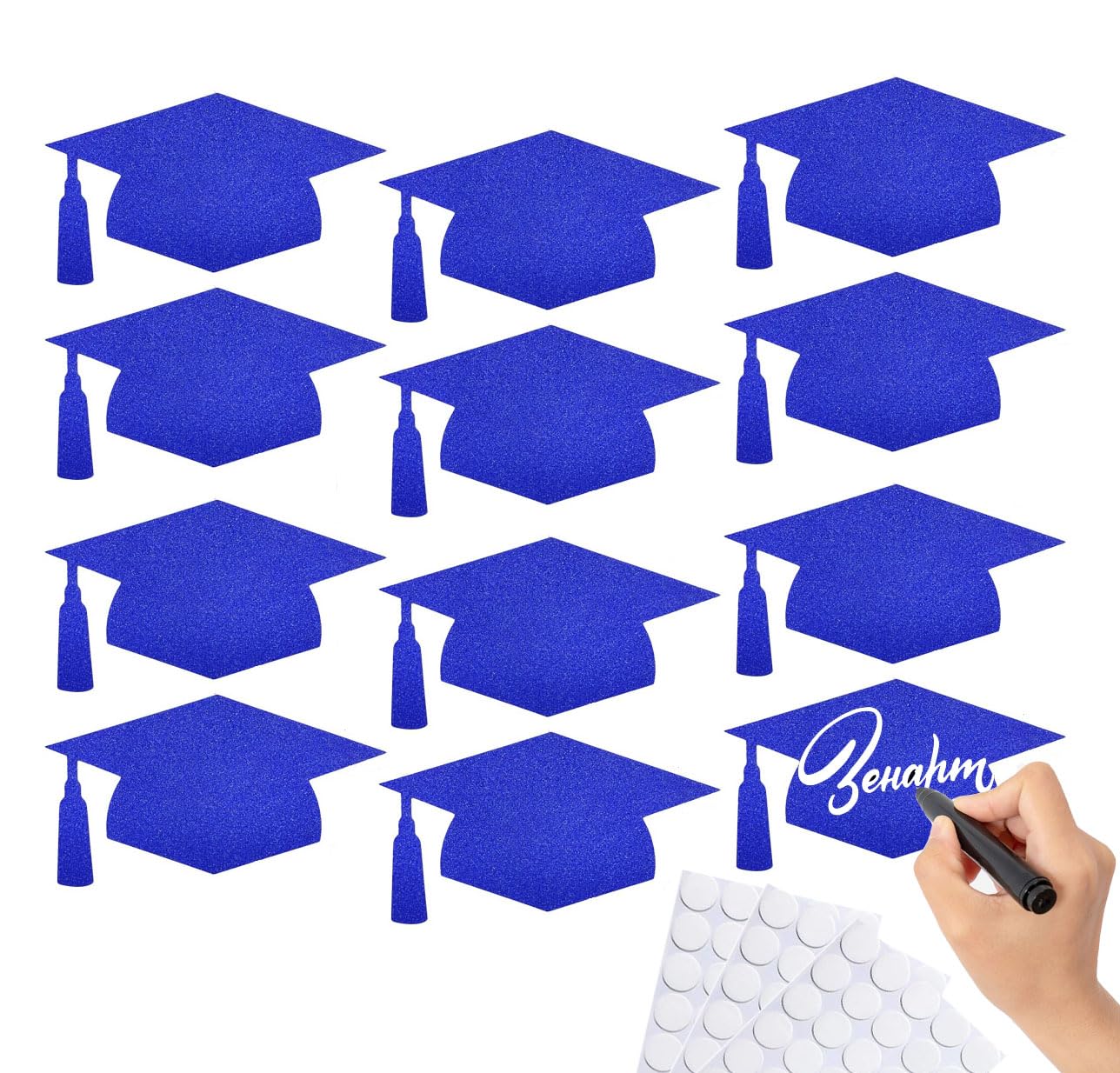 50Pcs Glitter Grad Caps Cutouts with 150Pcs Glue Points, Blue Graduation Cap Cut Table Decorations for 2024 High School College Graduation Party Supplies