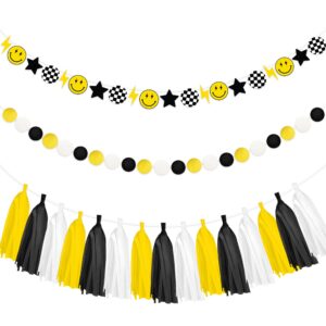 one happy dude banner garland pre-strung - pack of 3, lightning smiley face banner, yellow black paper tassels & felt ball bunting, great for baby shower 1st birthday party decoration supplies