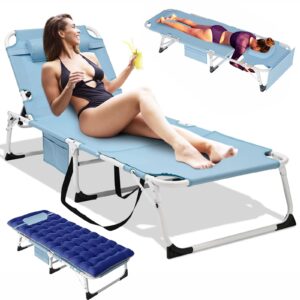 barbella tanning chair 3 in 1 beach lounge chair with face hole, heavy duty folding chaise lounge chairs, oversized 5-position folding cot with mat for beach, pool, lawn, yard, patio, sky blue