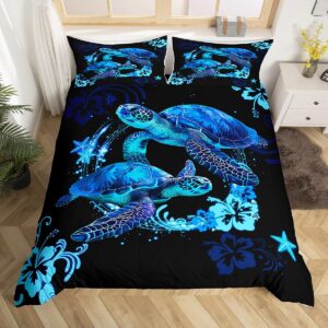 manfei sea turtle kids duvet cover set queen size, blue flower starfish bedding set for boys girls adult bedroom decor, marine animal theme comforter cover, soft polyester quilt cover, 2 pillowcases