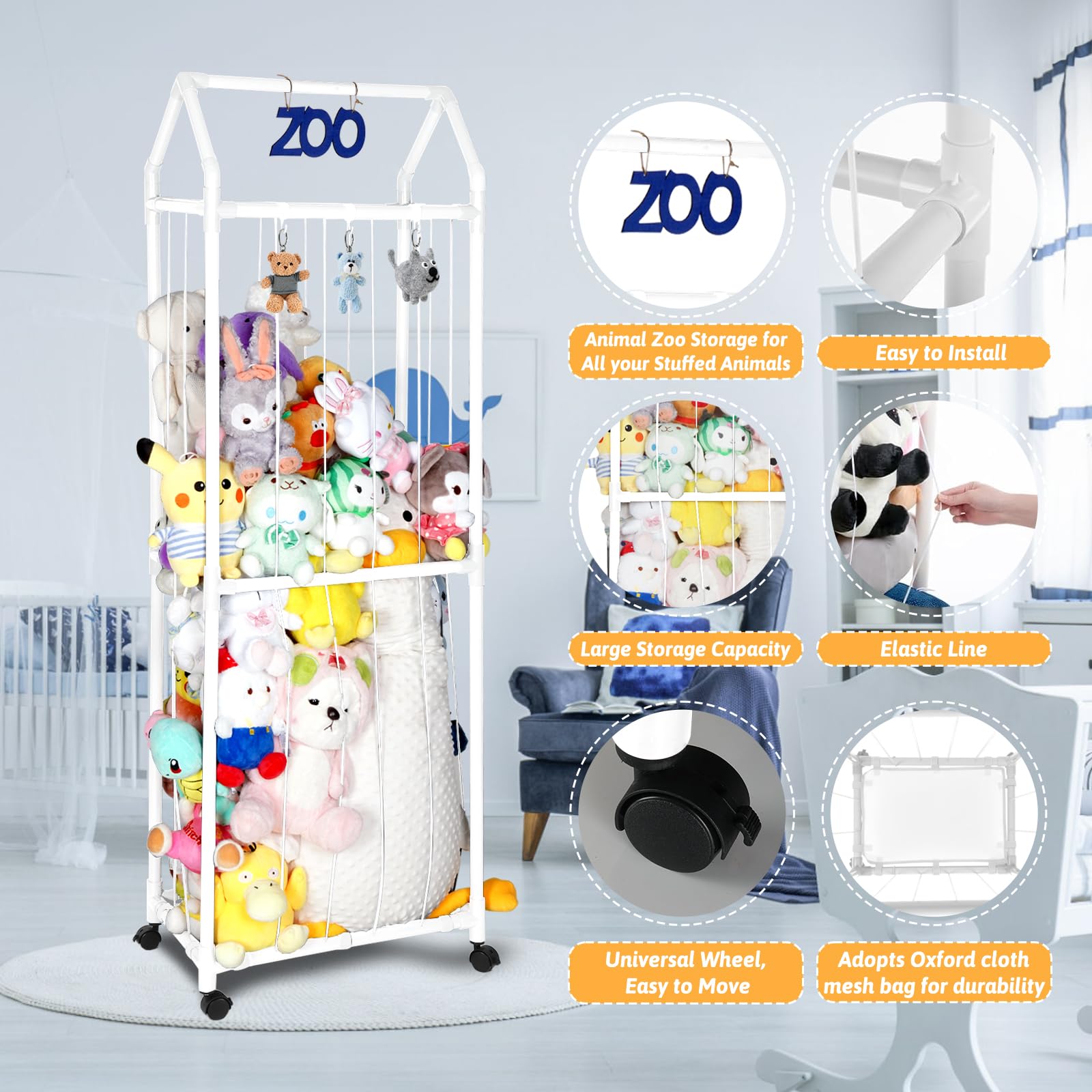 XMBecc Stuffed Animal Storage Zoo Stuffed Animal Holder Space Save Vertical Stuffed Animals Storage PVC with Elastic Band and Net for Playroom Birthday Gift for Bedroom（white）