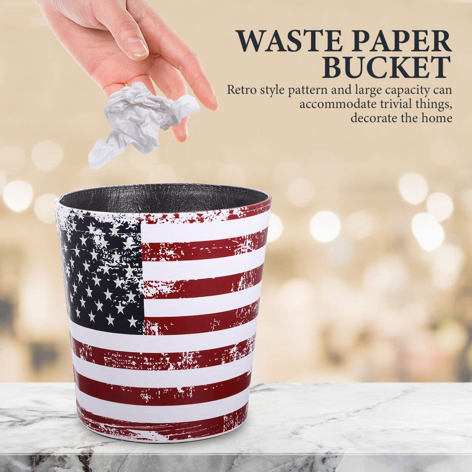 PRETYZOOM US Flag Vintage Leather Trash Can Wastebaske PU Leather Trash Bin Retro Toilet Paper Bin Garbage Can for Bathroom Kitchen Bedroom Office