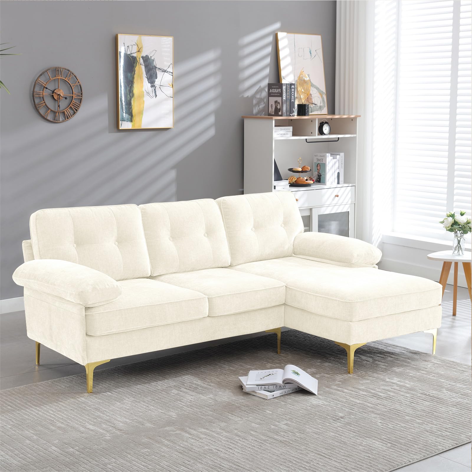 YOUDENOVA 82.7" L Shape Convertible Sectional Sofa, Comfy Chenille Sofa Couch for Living Room with Reversible Chaise, 3-Seat Modern Couch with Removable Cushion for Small Spaces (Beige)