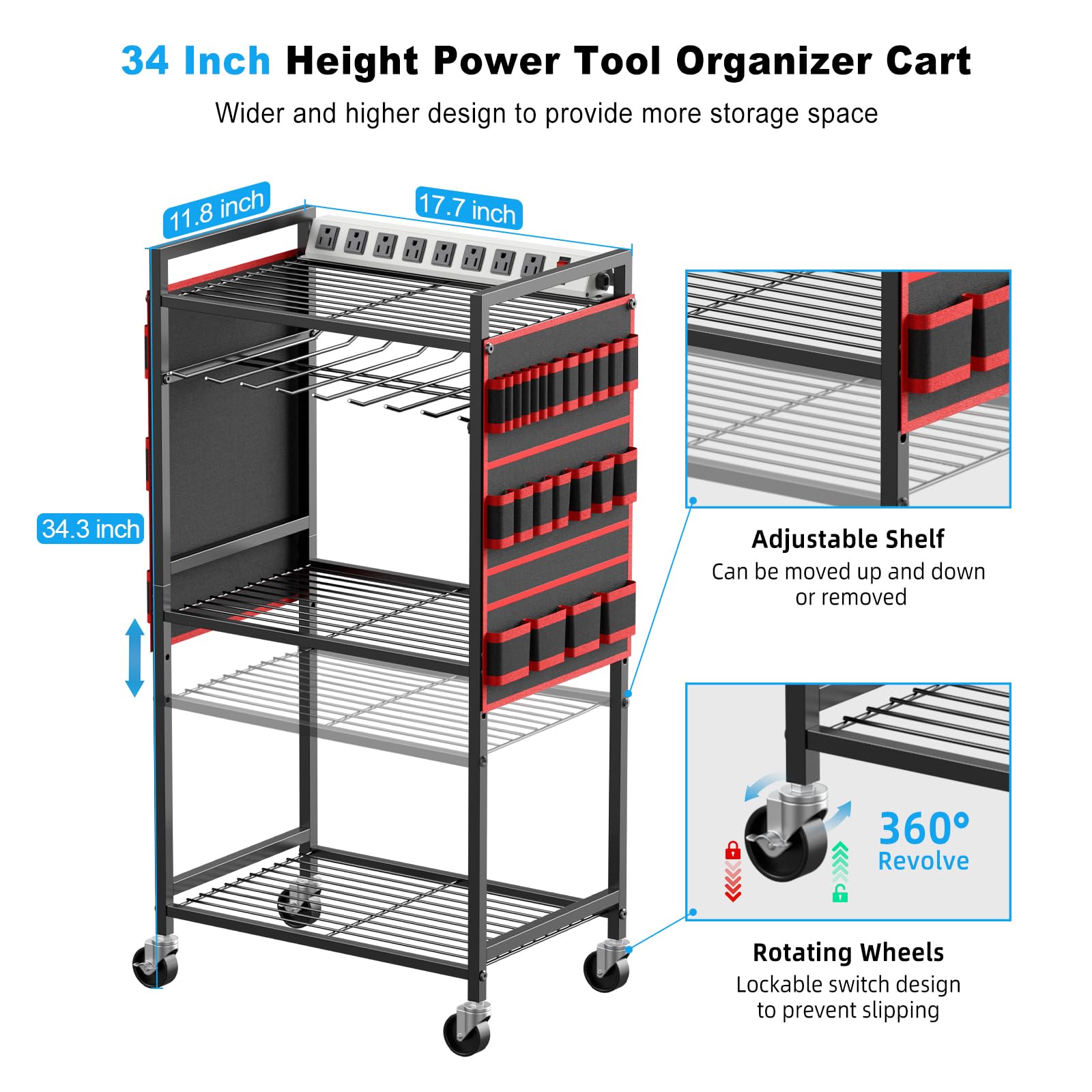 JUNNUJ Large Power Tool Organizer Cart with Charging Station, Garage Floor Standing Rolling Drill and Tools Battery Storage Cart on Wheels, Heavy Duty Utility Rack Shelf with 8 Outlet Power Strip, Red