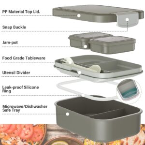 Adult Lunch Bento Box - 66oz / 1960ml Bento Box for Adult, Lunch Containers with 2 Sauce Containers & Utensil Set, 100% Leak Proof, BPA-Free, Dishwasher/Microwave Safe, Office, School & Picnic, Grey