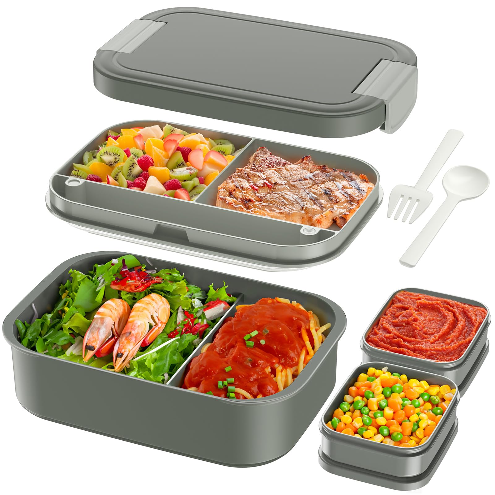 Adult Lunch Bento Box - 66oz / 1960ml Bento Box for Adult, Lunch Containers with 2 Sauce Containers & Utensil Set, 100% Leak Proof, BPA-Free, Dishwasher/Microwave Safe, Office, School & Picnic, Grey