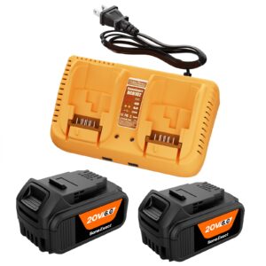 20v 6.0ah replacement battery charging combo kit for dewalt, includes 2pc 20v max batteries and 2-ports charger, compatible with dewalt all 20v power tools, charger fit all 12v/20v/60v oem batteries