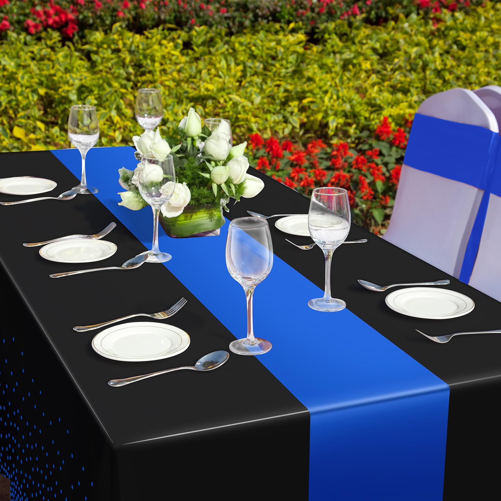 3Pcs Black and Blue Tablecloth Party Decorations,Plastic Black Table Cloth Printed Blue Table Runner Disposable Rectangle Table Cover for Birthday Wedding Anniversary Graduation Party,54 x108 Inch