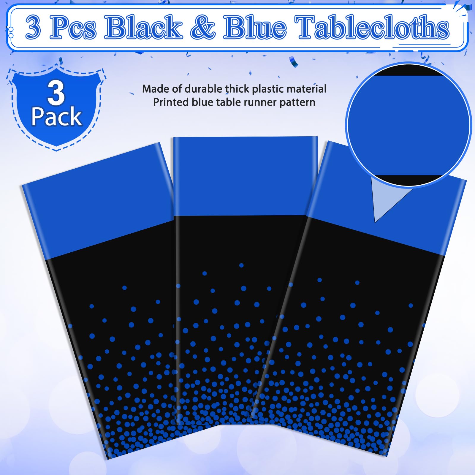 3Pcs Black and Blue Tablecloth Party Decorations,Plastic Black Table Cloth Printed Blue Table Runner Disposable Rectangle Table Cover for Birthday Wedding Anniversary Graduation Party,54 x108 Inch