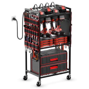 junnuj large power tool organizer cart with charging station, garage floor standing rolling drill and tools battery storage cart on wheels, heavy duty utility rack shelf with 8 outlet power strip, red