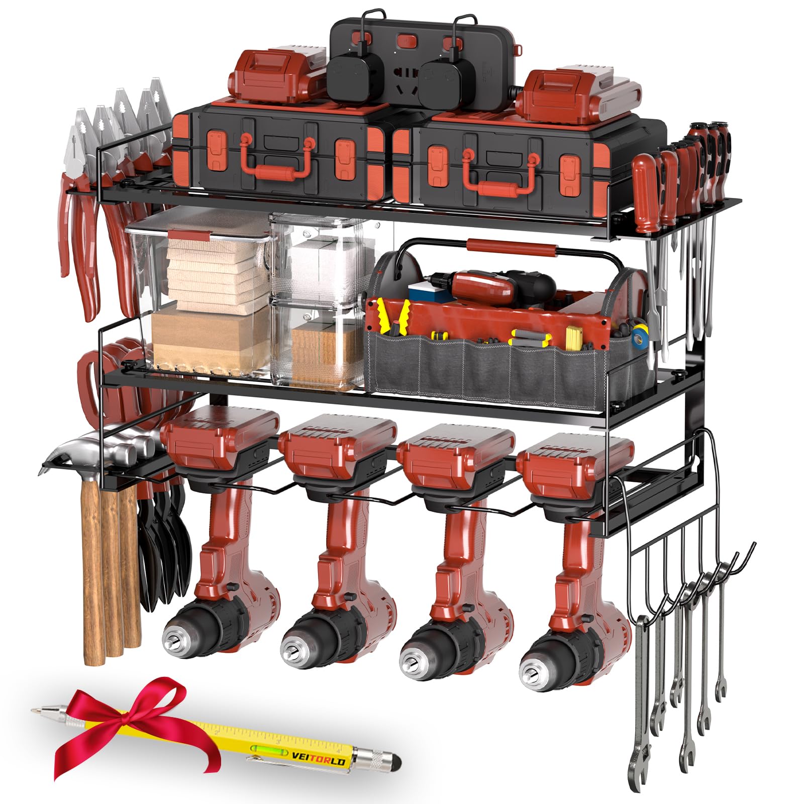 Gifts for Men Dad Husband Him, Power Tool Organizer Wall Mount, 4 Drill Modular Tool Storage Shelf with Hooks, Drill Holder for Garage Organization, Cool Anniversary Birthday Gifts for Men Women