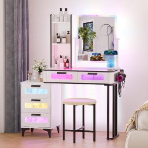 mdgc rgb make up vanity with wireless charging station,7 dynamic&7 static dimmable vanity desk with swivel mirror and lights,makeup vanity table with stool,5 drawers,glass top,open shelf