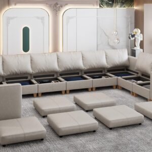 EASE MOOSE Large Sectional Sofa U Shaped Sectional Couch with Storage, Faux Leather Modular Sofa Convertible Sleeper Sofa with Reversible Chaises, Whitesand