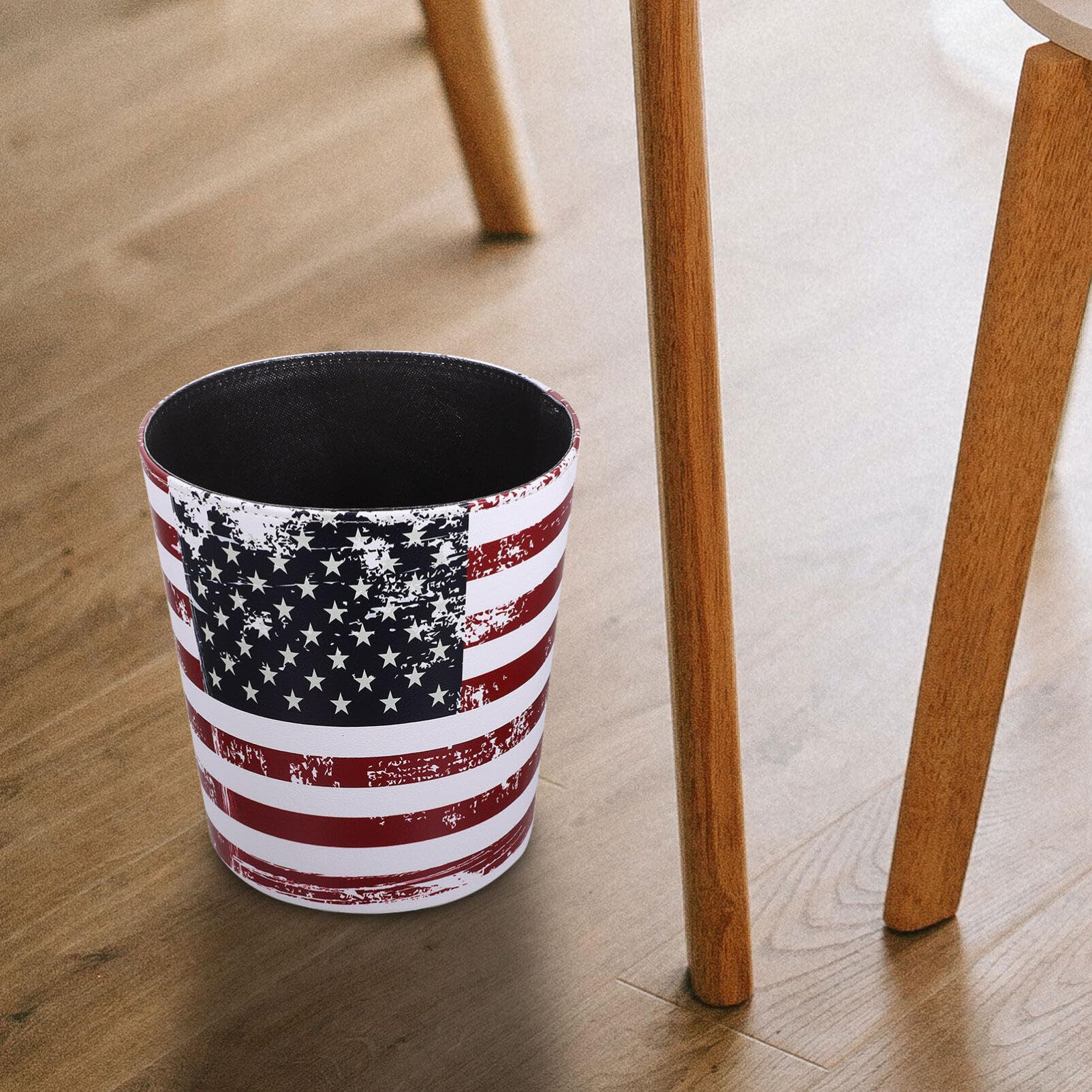 PRETYZOOM US Flag Vintage Leather Trash Can Wastebaske PU Leather Trash Bin Retro Toilet Paper Bin Garbage Can for Bathroom Kitchen Bedroom Office