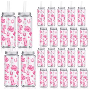 qinyoung 24 pcs western cowgirl cowboy lplastic tumbler 14.2 oz reusable cups with lids and straws beer can iced coffee cup for preppy party decoration women cowgirl gift(pink)