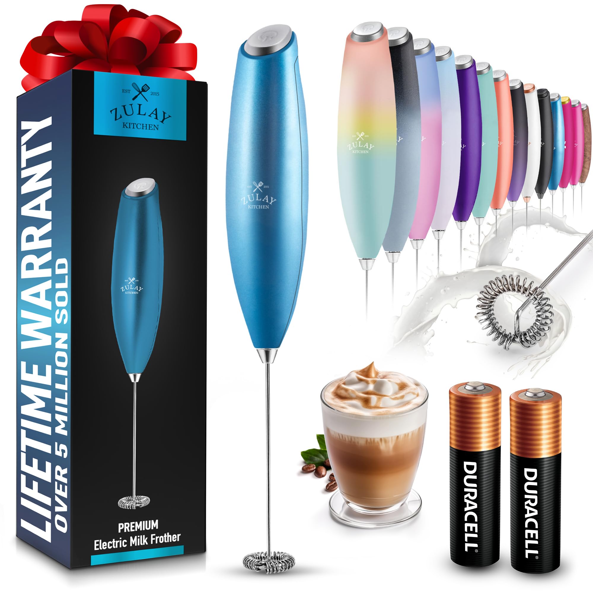 Zulay Kitchen Milk Frother Wand (2 Duracell Batteries Included) - Handheld Milk Frother - Easy-Clean Milk Frother Wand & Drink Mixer - Electric Coffee Frother for Frappe, Matcha - Metallic Blue