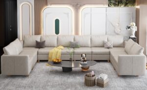 ease moose large sectional sofa u shaped sectional couch with storage, faux leather modular sofa convertible sleeper sofa with reversible chaises, whitesand