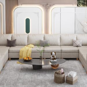 EASE MOOSE Large Sectional Sofa U Shaped Sectional Couch with Storage, Faux Leather Modular Sofa Convertible Sleeper Sofa with Reversible Chaises, Whitesand