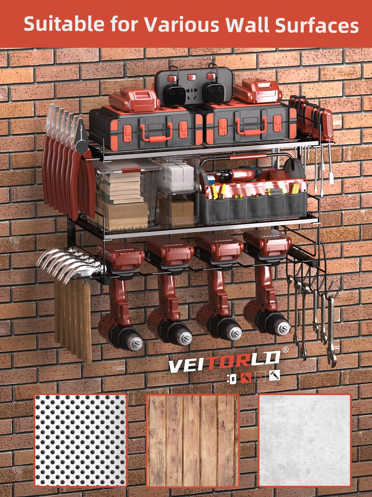 Gifts for Men Dad Husband Him, Power Tool Organizer Wall Mount, 4 Drill Modular Tool Storage Shelf with Hooks, Drill Holder for Garage Organization, Cool Anniversary Birthday Gifts for Men Women