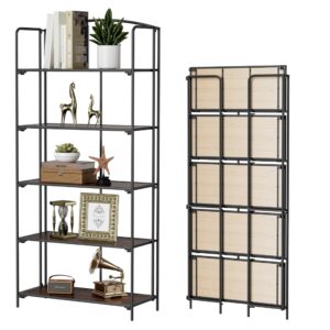 crofy no assembly folding bookshelf for living room, 5 tier black collapsible book shelf for home office, portable bookcase storage organizer