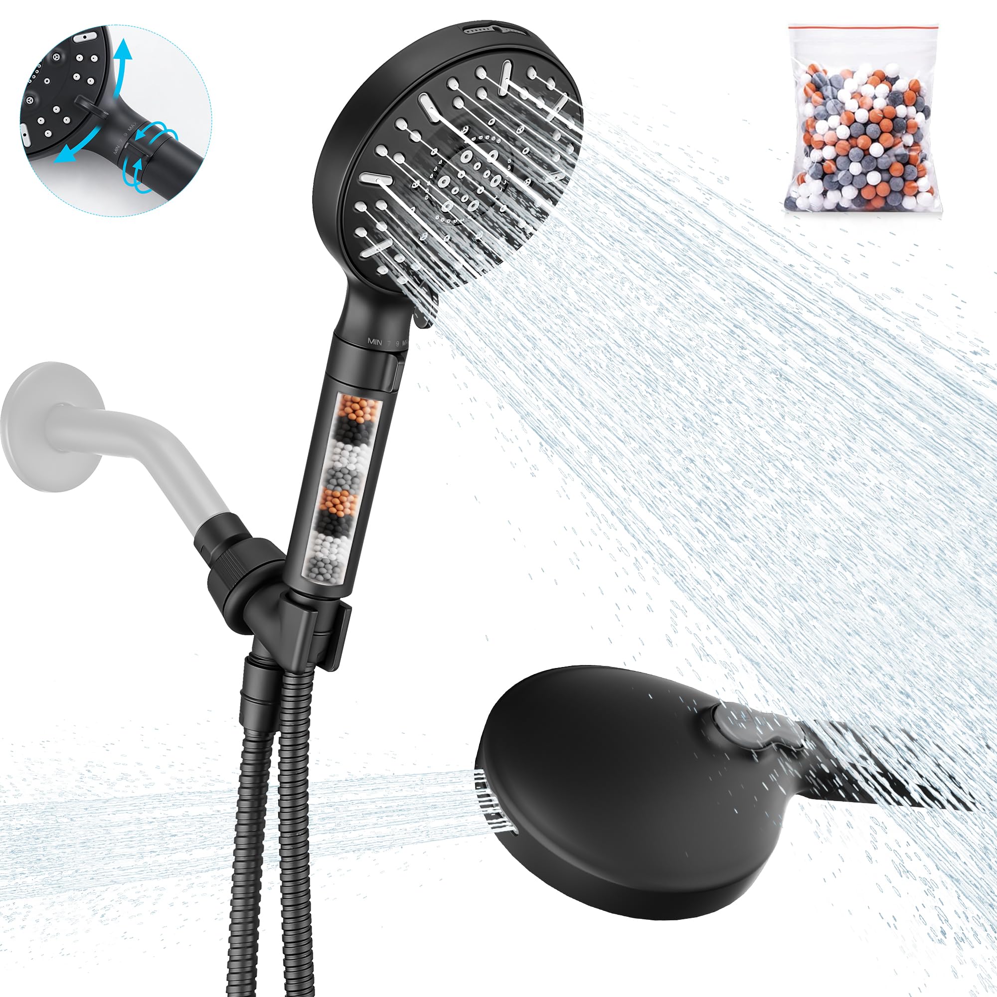 Kurpot Filtered Shower Head with Handheld, 9 Spray Mode High Pressure Shower Head with Filters, 60" Shower Hose, Matte Black Shower Head Filter for Hard Water, Remove Chlorine, Protect Skin and Hair