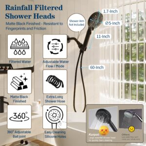 Kurpot Filtered Shower Head with Handheld, 9 Spray Mode High Pressure Shower Head with Filters, 60" Shower Hose, Matte Black Shower Head Filter for Hard Water, Remove Chlorine, Protect Skin and Hair