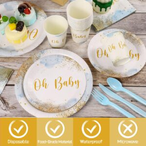 175 Pcs Baby Boy Shower Plates,Dusty Blue Baby Shower Decorations Includes Baby Shower Plates Napkins Cups Plastic Forks Spoons Knives,Boy Baby Shower Decorations for 25 Guests