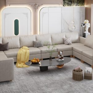 EASE MOOSE Large Sectional Sofa U Shaped Sectional Couch with Storage, Faux Leather Modular Sofa Convertible Sleeper Sofa with Reversible Chaises, Whitesand