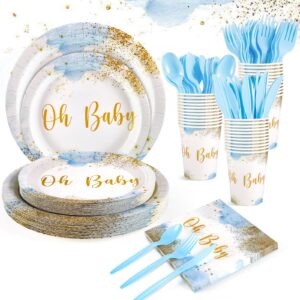 175 pcs baby boy shower plates,dusty blue baby shower decorations includes baby shower plates napkins cups plastic forks spoons knives,boy baby shower decorations for 25 guests