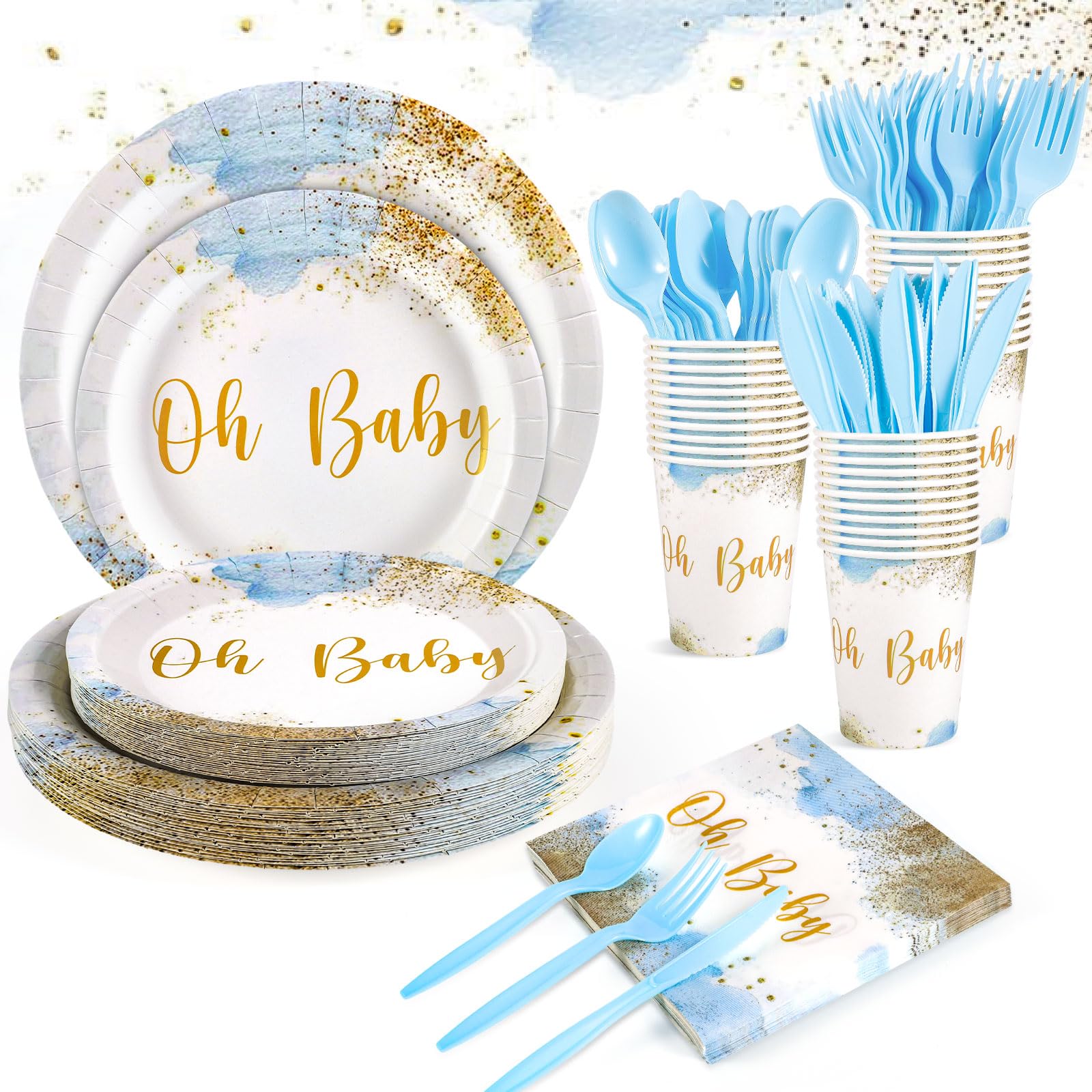 175 Pcs Baby Boy Shower Plates,Dusty Blue Baby Shower Decorations Includes Baby Shower Plates Napkins Cups Plastic Forks Spoons Knives,Boy Baby Shower Decorations for 25 Guests