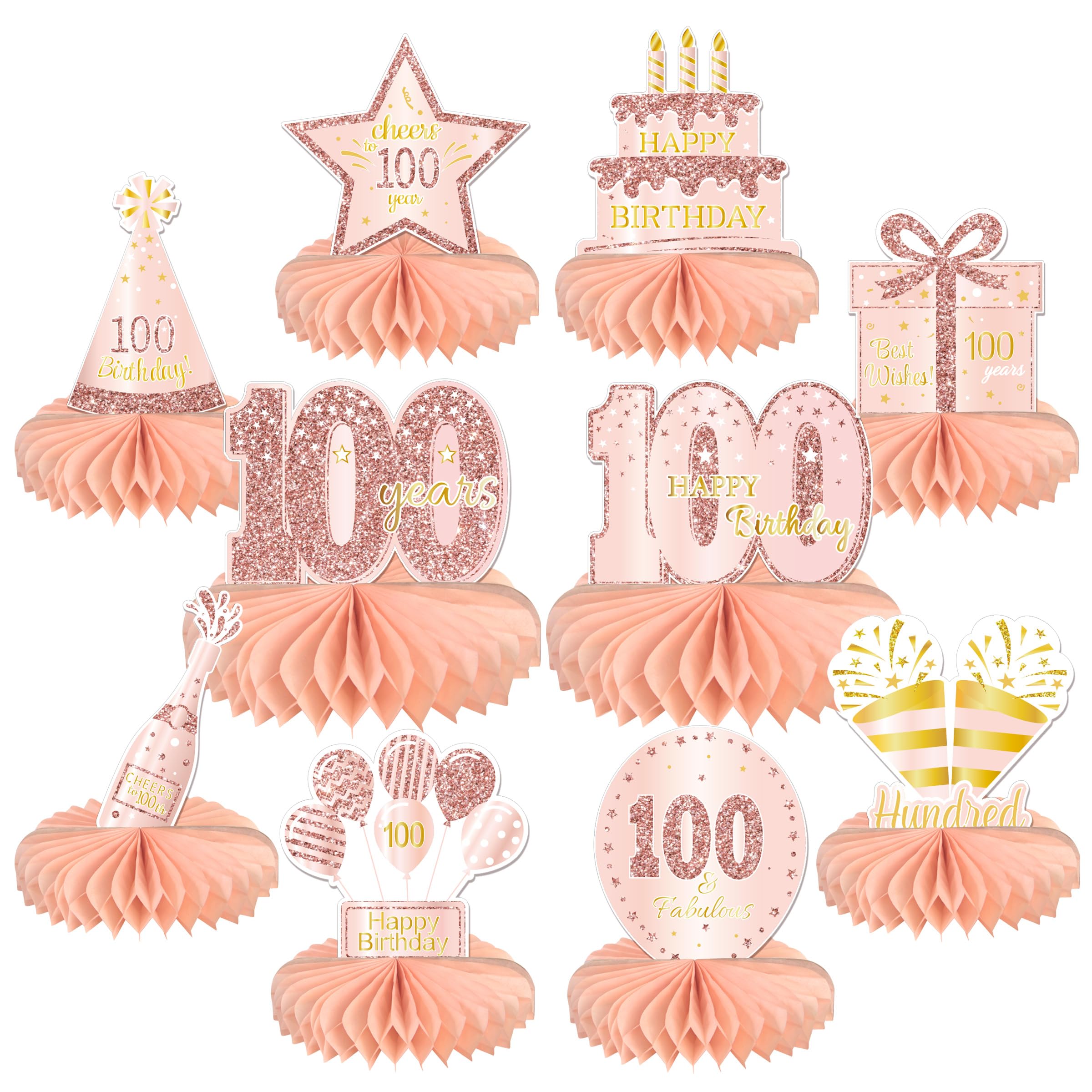 10PCS 100th Birthday Decorations Centerpieces for Table Decorations,Rose Gold Pink Happy 100th Birthday Honeycomb Table Topper Birthday Party Decoration for Women (Rose Gold & Pink, 100 Years)