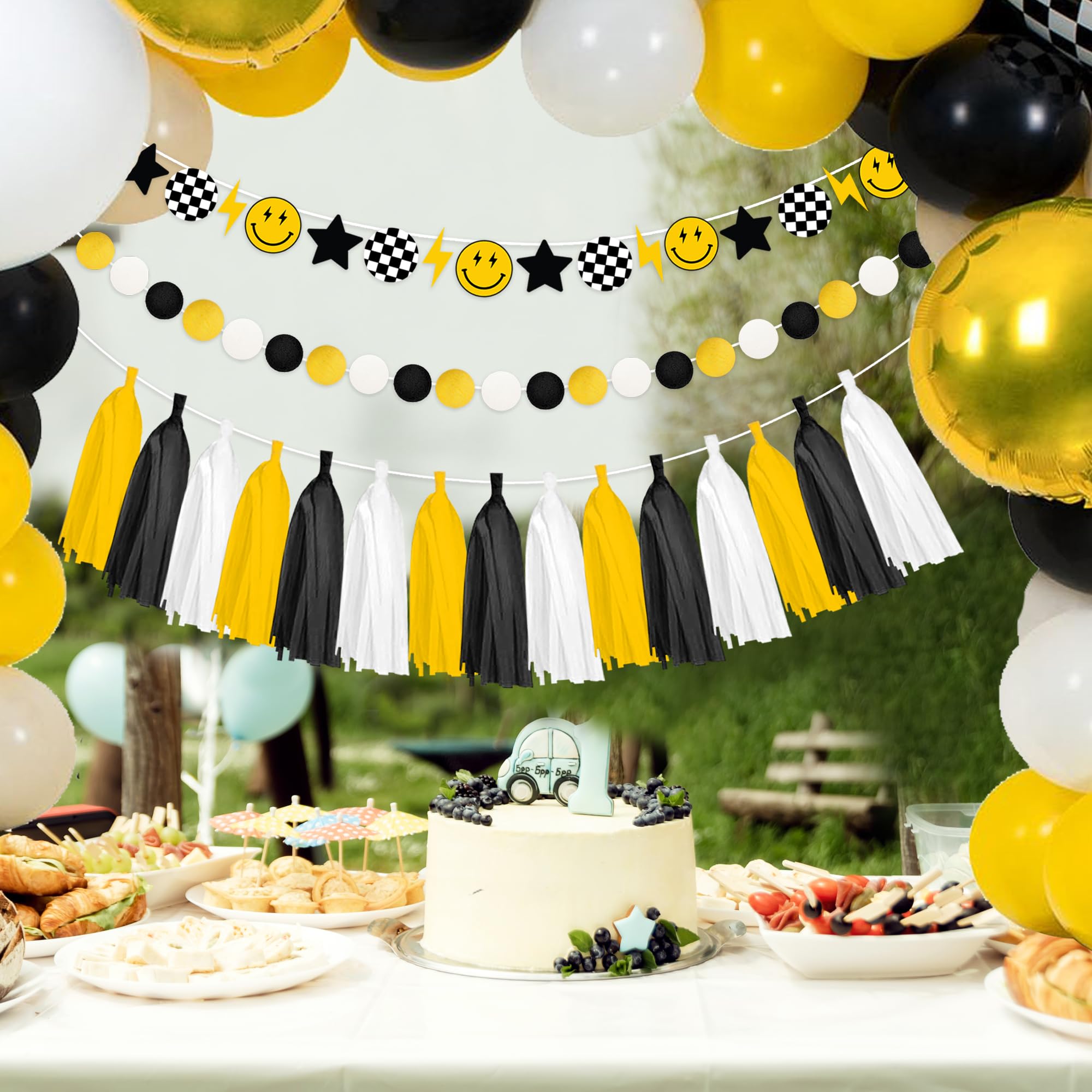 One Happy Dude Banner Garland Pre-Strung - Pack of 3, Lightning Smiley Face Banner, Yellow Black Paper Tassels & Felt Ball Bunting, Great for Baby Shower 1st Birthday Party Decoration Supplies