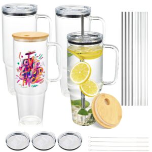 laosh 40 oz sublimation glass tumbler with handle, clear tumblers with lid and straw, 40oz large capacity drinking glass cups bulk for smoothie, beer, coffee, tea, milk, soda, water - 4 pack