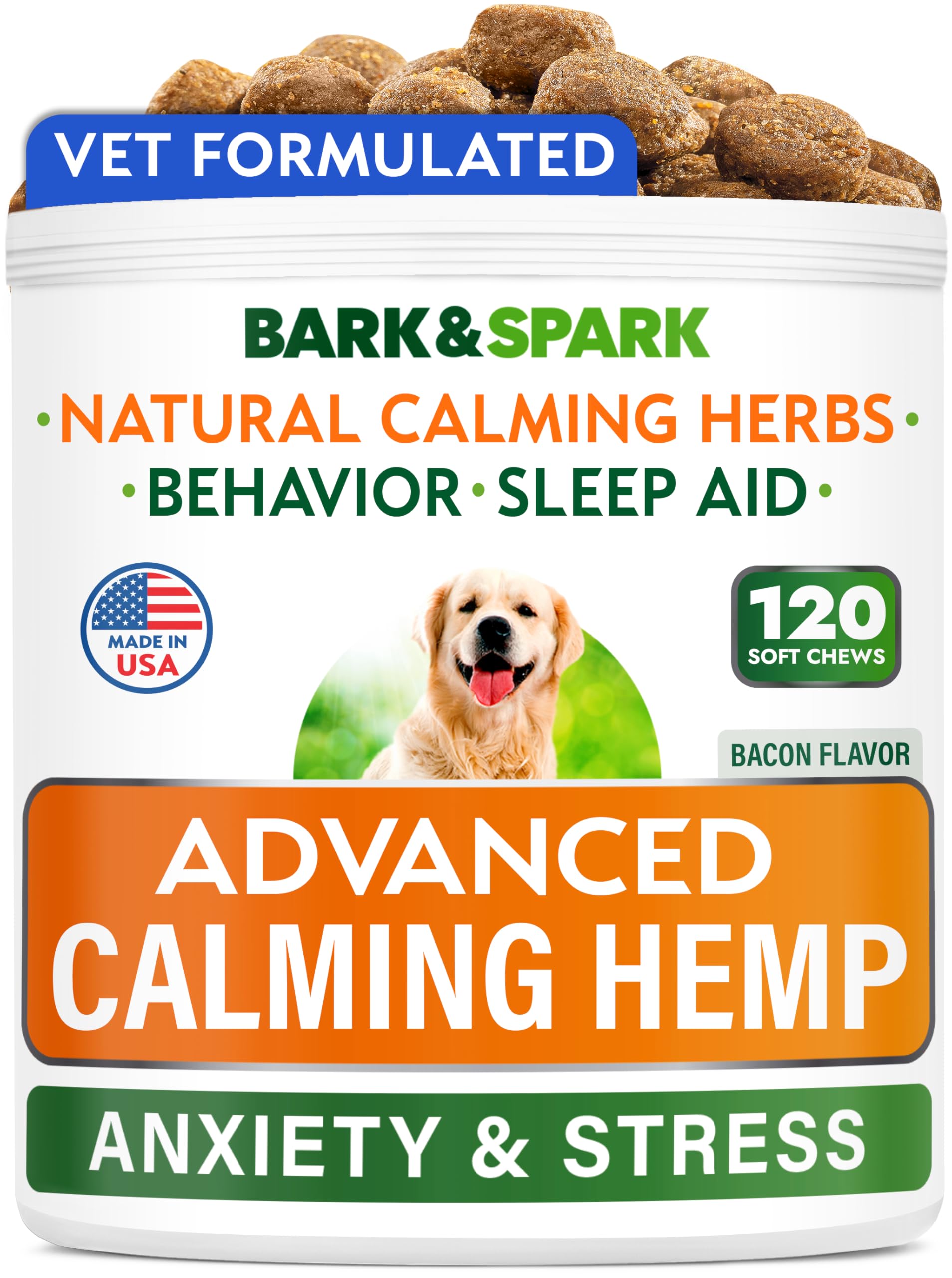 BARK&SPARK Advanced Calming Chews for Dogs - Anxiety Relief Treats - Melatonin + Hemp Oil - Separation Aid - Stress Relief During Fireworks, Storms, Thunder - Aggressive Behavior - SmokyBacon (120ct)