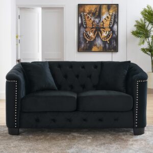 mikibama modern chesterfield velvet loveseat sofa, 59 inch sectional sofa, luxury 2 seater upholstered tufted couch with nailhead arms and 2 pillows for living room, bedroom, apartment(black)