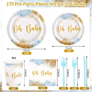 175 Pcs Baby Boy Shower Plates,Dusty Blue Baby Shower Decorations Includes Baby Shower Plates Napkins Cups Plastic Forks Spoons Knives,Boy Baby Shower Decorations for 25 Guests