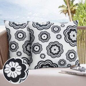 jasen black and white floral outdoor pillow cover, outdoor pillow covers 18x18 waterproof set of 2, decorative throw pillow cover for outside patio furniture garden (no inserts)