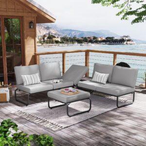 vredhom 6pcs aluminum outdoor furniture sets with cushion patio sectional sofas with adjustable backsest, patio conversation set for pool, backyard, garden, light gray