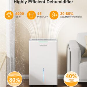 Wpsoert 4,000 Sq.Ft Dehumidifier for Basement with Drain Hose, 45 Pints Dehumidifiers for Home Large Room, Bedroom Intelligent Humidity Control with Auto Shut Off, Auto Defrost, Dry Clothes, 24H Timer