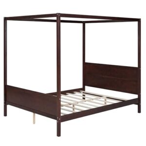 WOODRK Queen Size Canopy Platform Bed Frame with Headboard and Footboard, Wood Slat Support Leg, Modern Design Platform Beds with 4 Canopy Columns, for Bedroom, No Box Spring Needed, Espresso