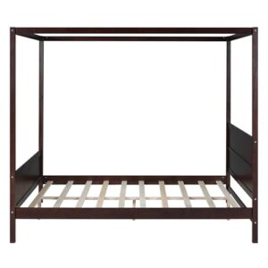 WOODRK Queen Size Canopy Platform Bed Frame with Headboard and Footboard, Wood Slat Support Leg, Modern Design Platform Beds with 4 Canopy Columns, for Bedroom, No Box Spring Needed, Espresso