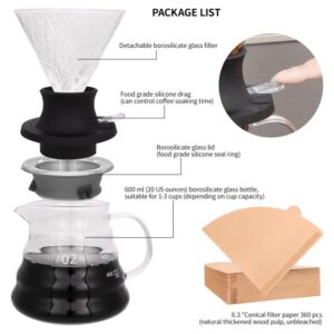 Lorpect Pour Over Coffee Maker, V60 Drip Filter with On/Off Switch Silicone Glass Filter with 360 pcs V60 Paper Filter, Borosilicate Glass Coffee Cup, 20 oz/600ml Drip Coffee Brewer