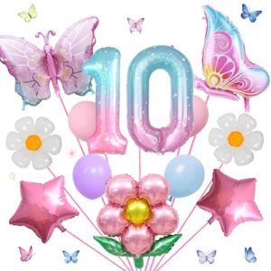 17pcs girl's ten birthday digital butterfly balloon set colorful gradient pink butterfly foil balloon giant number 10 balloon flower party decorations