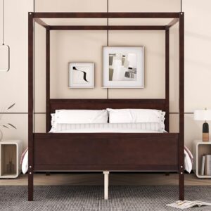 WOODRK Queen Size Canopy Platform Bed Frame with Headboard and Footboard, Wood Slat Support Leg, Modern Design Platform Beds with 4 Canopy Columns, for Bedroom, No Box Spring Needed, Espresso