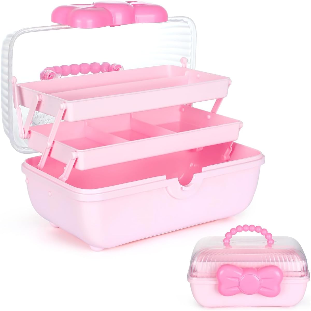 BUDUBIBI 3-Layer Storage Box Art Craft Organizer Storage Box, Hair Accessories Organizer for Girls Hair Clips, Headbands, Plastic Portable Jewelry Box, Folding Multipurpose Storage Box (Pink)