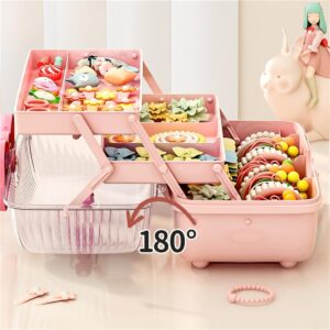 BUDUBIBI 3-Layer Storage Box Art Craft Organizer Storage Box, Hair Accessories Organizer for Girls Hair Clips, Headbands, Plastic Portable Jewelry Box, Folding Multipurpose Storage Box (Pink)