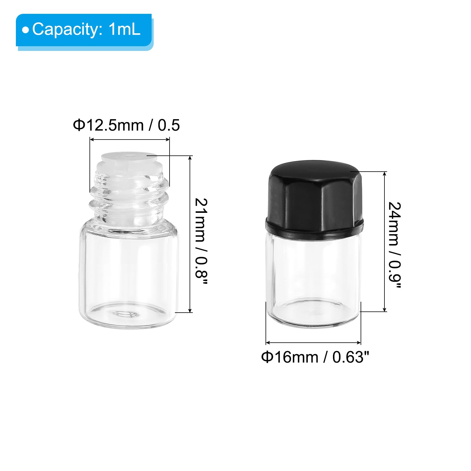 PATIKIL 1ml Essential Oil Bottles, 20 Pack Clear Glass Bottles with Orifice Reducer Sample Vial Octagon Screw Cap Storage Vials Container, Black