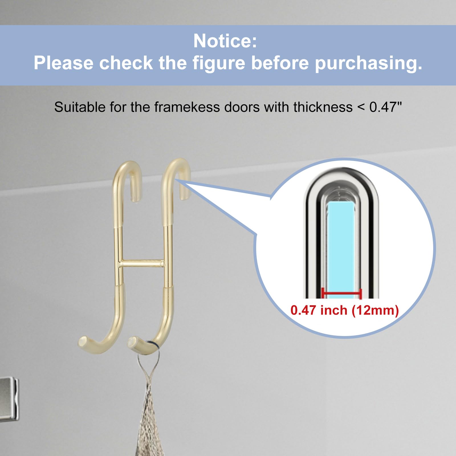 BWE 2 Pack Shower Door Hooks,304 Stainless Steel Over Door Hooks,Towel Hooks for Bathroom Frameless Glass Shower Door 0.47"(12mm),Drilling-Free Hanger Shower Hooks,Brushed Gold