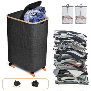 Large Laundry Hamper with Wheels and Lid | 144L Collapsible Laundry Baskets with Removable Bag | Dirty Clothes Hamper for Bedroom, Dorm | CarzyHome Double Rolling Laundry Basket with Handles - Black