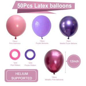 Pink and Purple Party Balloons, 50Pcs 12 Inch Purple Pink Balloons, Metallic Pink Purple Latex Balloons Birthday Party Balloons for Girls Birthday Baby Shower Wedding Party Decorations